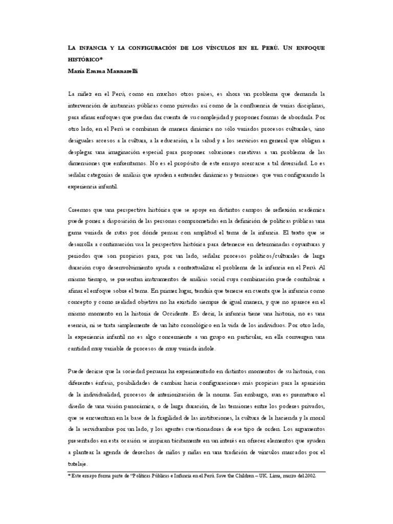 L P - U María Emma Mannarelli: A Infancia Y La Configuración de Los Vínculos en El ERÚ N Enfoque ...