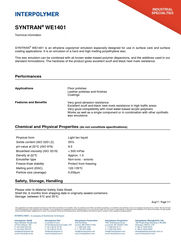 SYNTRAN WE1401 Technical Data Sheet | PDF | Emulsion | Wax