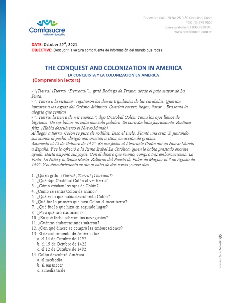 Comprensión Lectora Descubrimiento de America | PDF | Cristobal colon