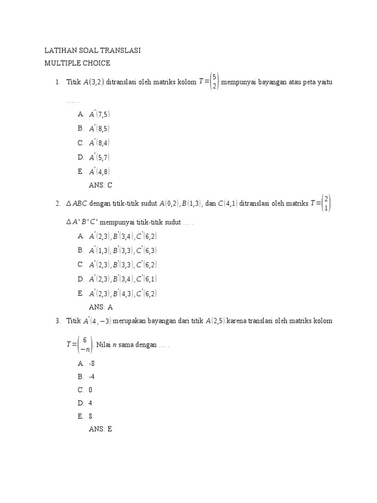 Soal Latihan Translasi Geometri Berbasis Matriks | PDF