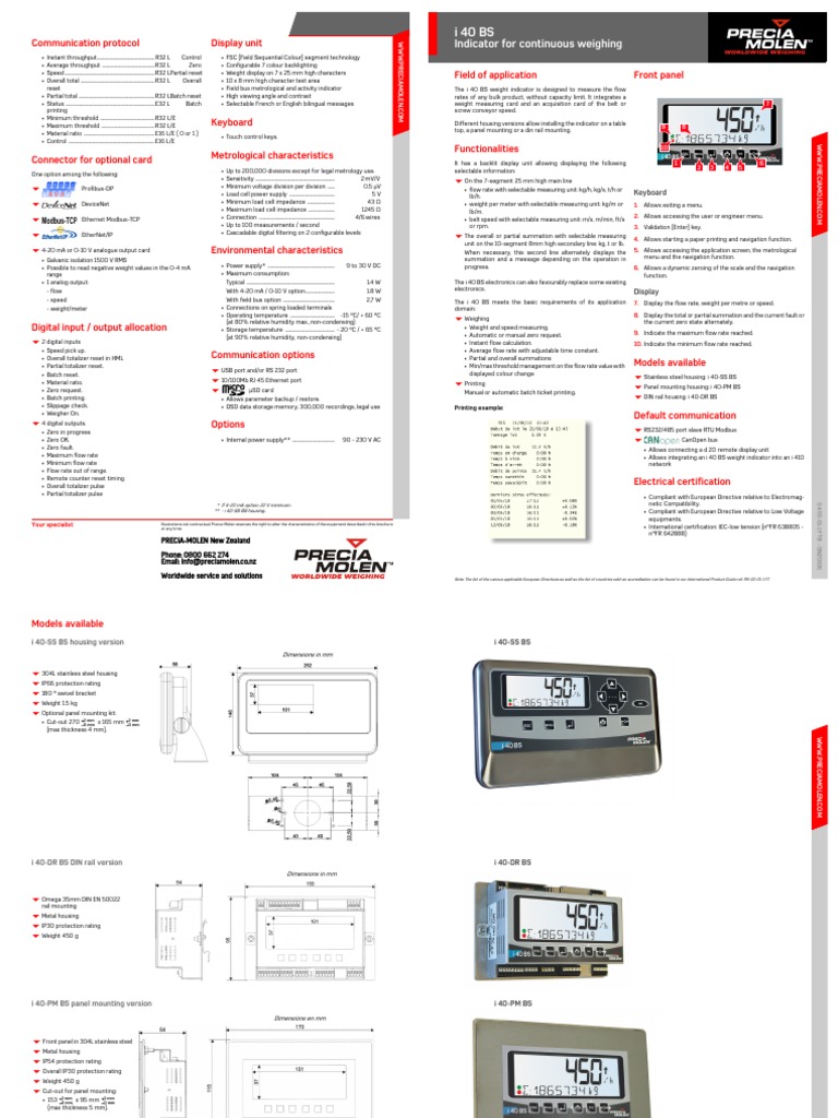 I 40 BS Precia Molen Indicator For Weighing | Download Free PDF | Power Supply | Flow Measurement
