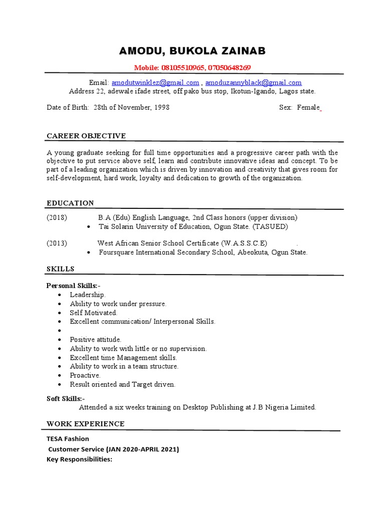 Amodu, Bukola Zainab: Career Objective | PDF | Teaching | Human Nature