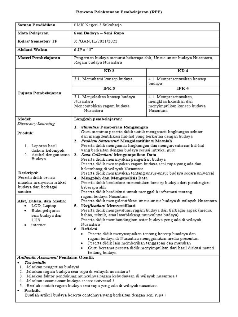 RPP Seni Budaya Kelas X | PDF