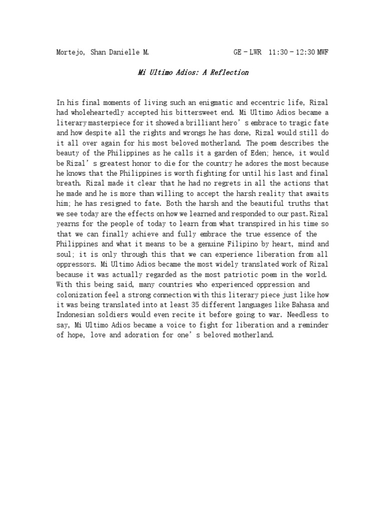Shan Mortejo - Mi Ultimo Adios Reflection | PDF