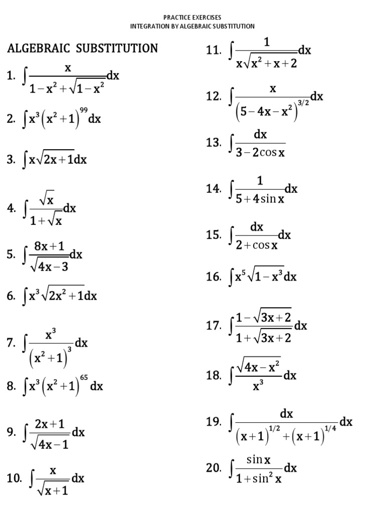 Practice Exercises Partial Fractions and Algebraic Substitution | PDF | Mathematics | Algebra