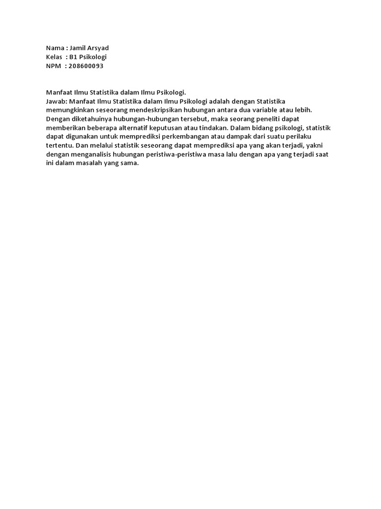 Manfaat Ilmu Statistika Dalam Ilmu Psikologi (Jamil Arsyad 208600093) | PDF Manfaat Ilmu Statistika Dalam Ilmu Psikologi (Jamil Arsyad 208600093) | PDF