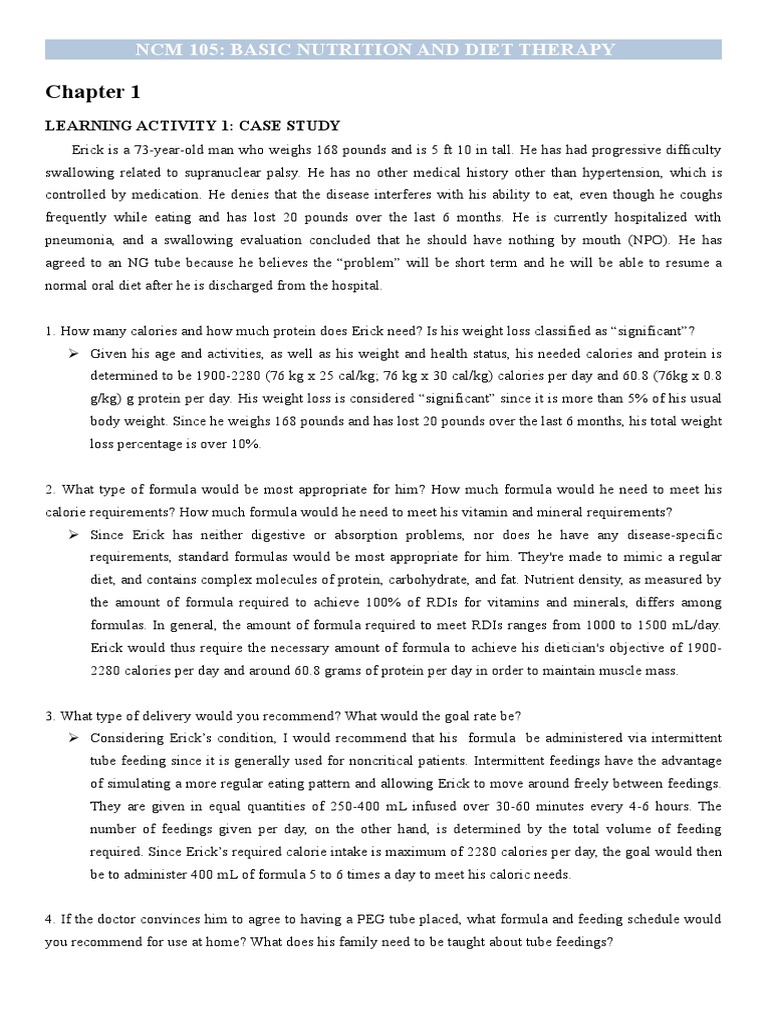 NCM 105: Basic Nutrition and Diet Therapy: Learning Activity 1: Case ...