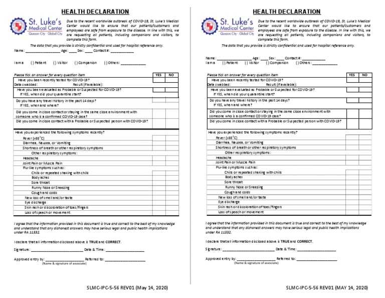 SLMC Health Declaration Form PDF Common Cold Health Sciences