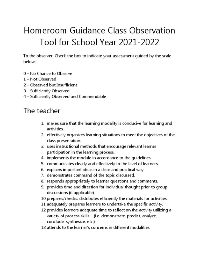 Homeroom Guidance Class Observation Tool For School Year 2021-2022 ...