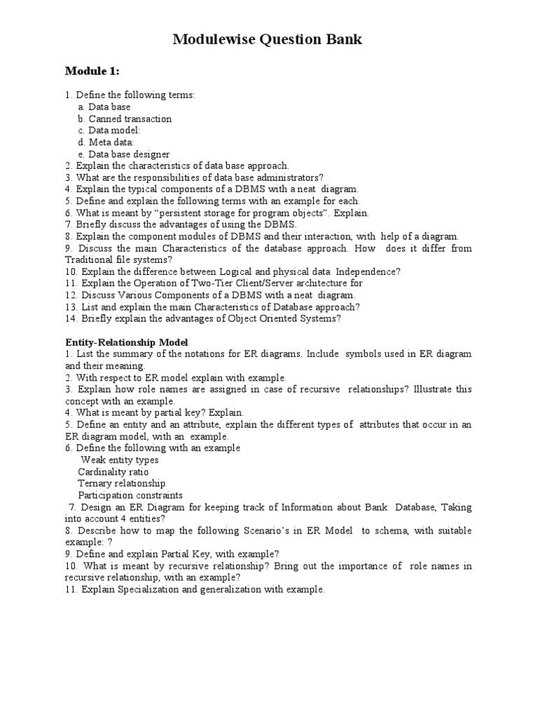 Modulewise Question Bank: Entity-Relationship Model | PDF | Relational Model | Relational Database