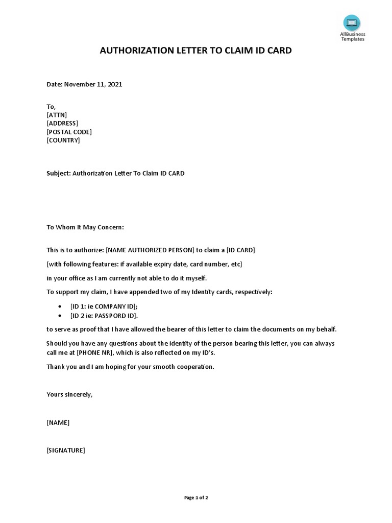 Authorization Letter To Claim Id Card | PDF