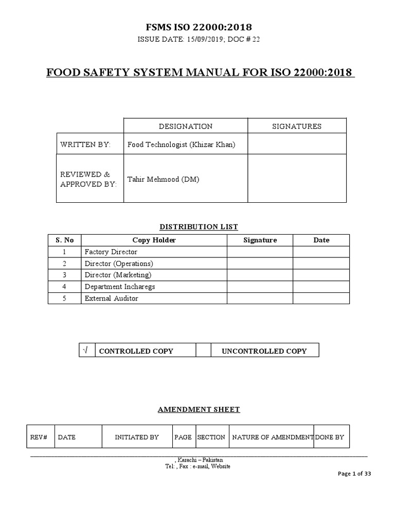 Food Safety Management System Manual Outlining ISO 22000:2018 ...