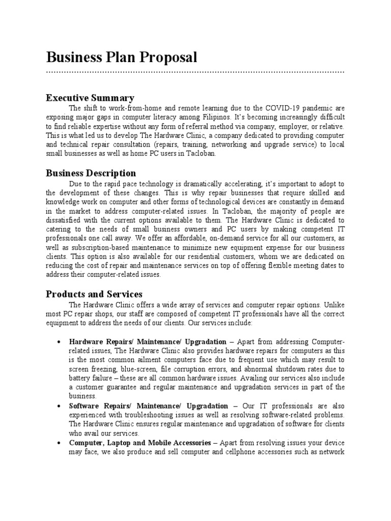 Business Plan Proposal: Executive Summary | PDF | Computer Hardware ...