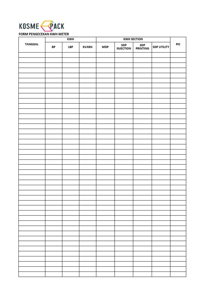 Form Pengecekan KWH Meter: Tanggal KWH KWH Section PIC BP LBP Kvarh MDP ...
