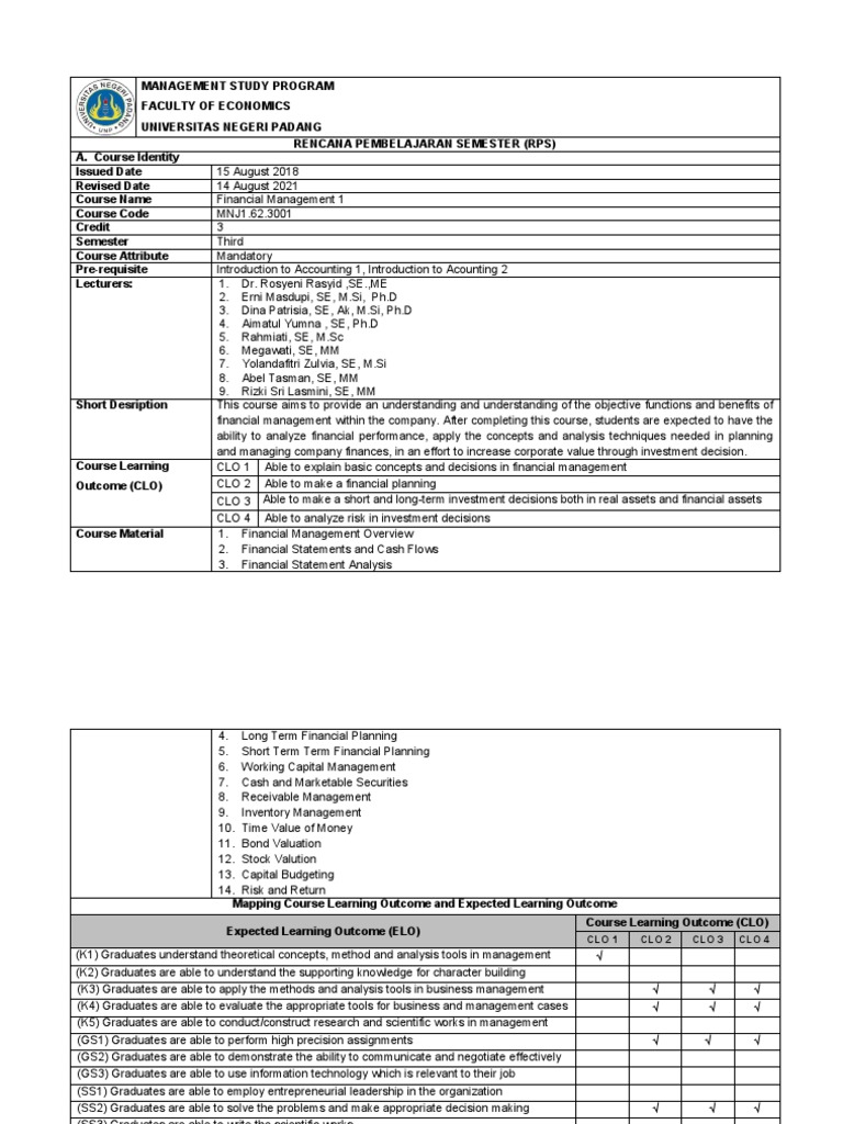 RPS Manajemen Keuangan 1 - 2021 - Eng | PDF | Capital Budgeting | Investing