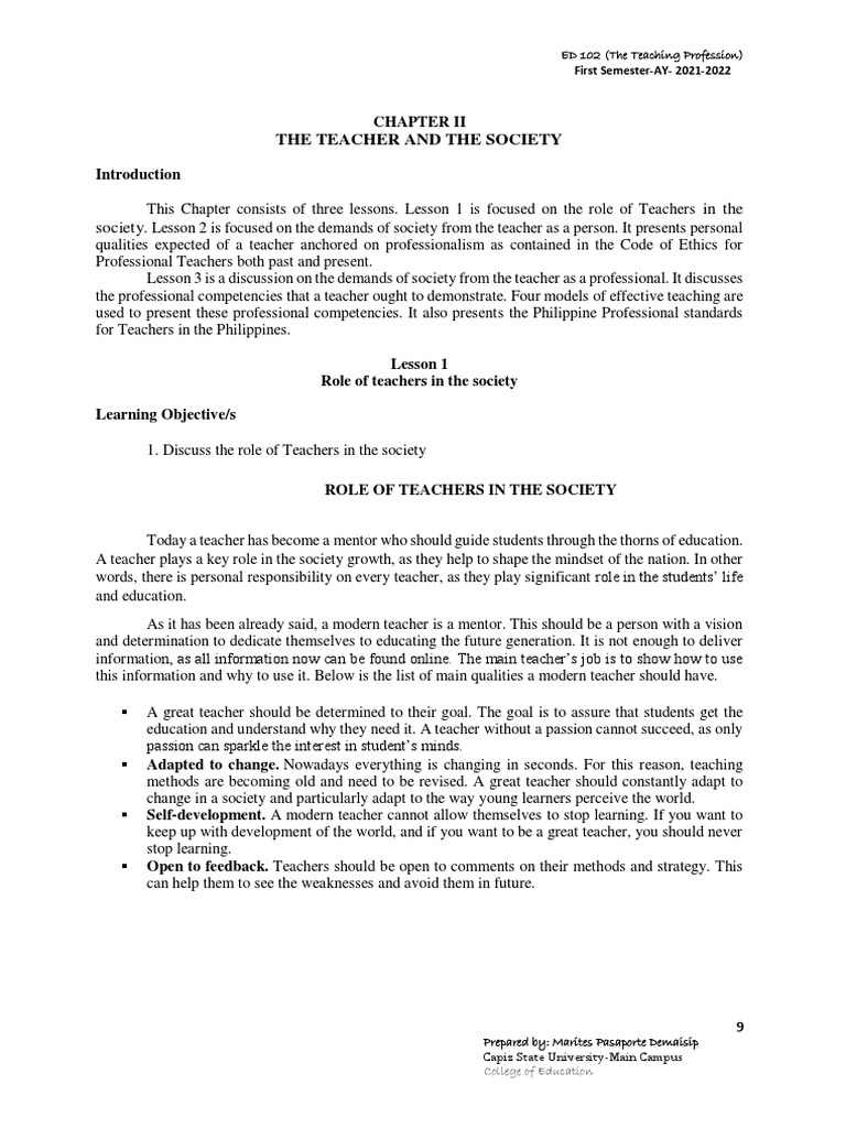 Module in Ed. 102 The Teaching Profession Chp2 | PDF | Teachers | Learning