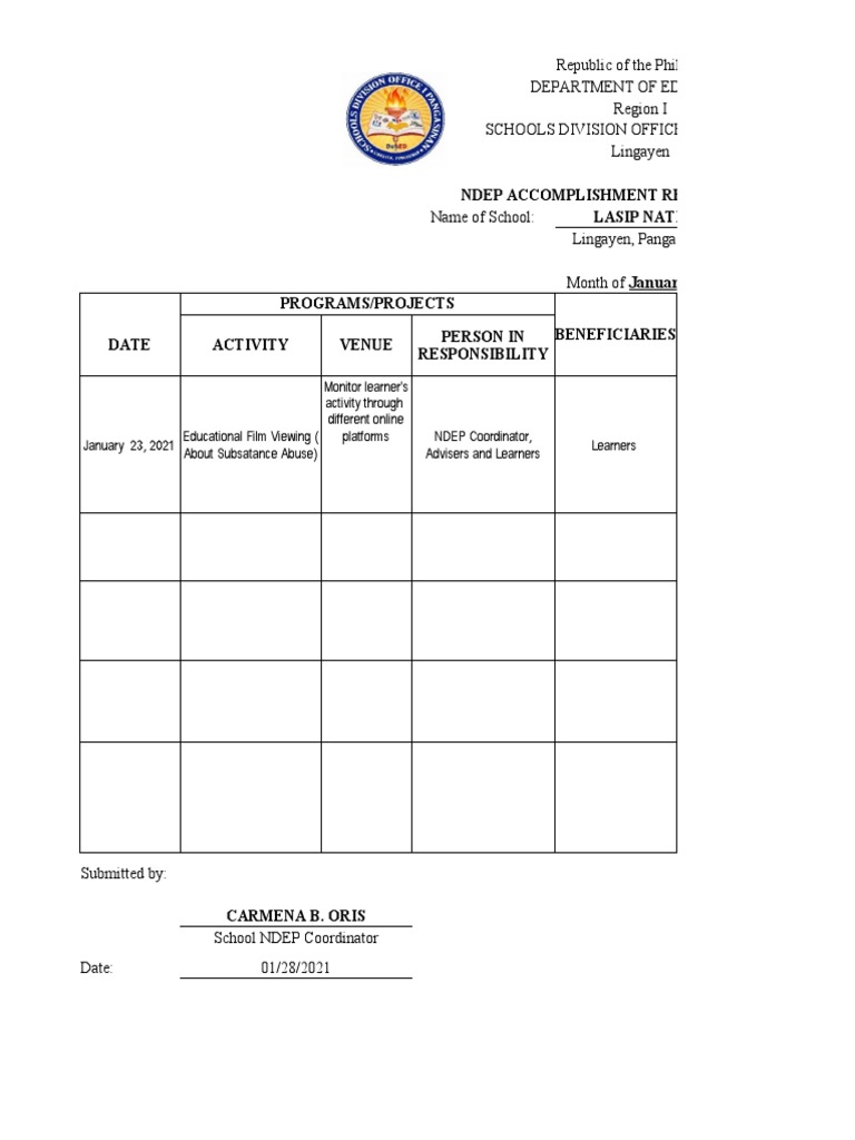 (JANUARY AND FEBRUARY) LASIP NHS NDEP Monthly Accomplishment Report | PDF