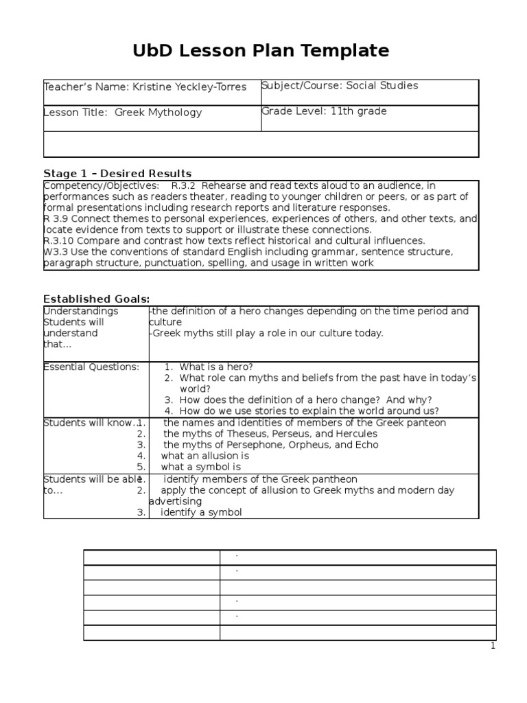 Ubd Lesson Plan Template | PDF | Greek Mythology | Hero