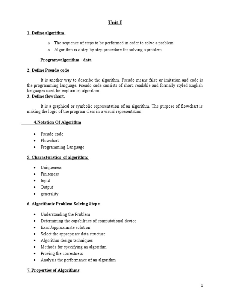 Unit-I: 1. Define Algorithm | PDF | Algorithms | Control Flow