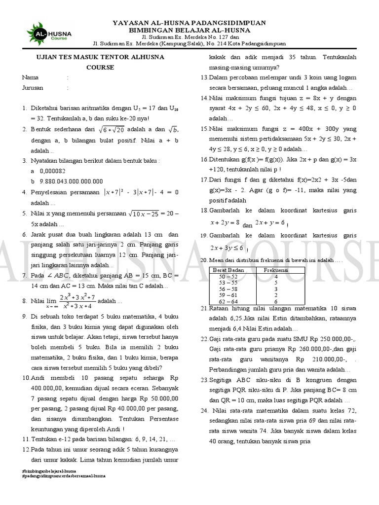 Soal Ujian Tes Masuk Tentor Matematika | PDF