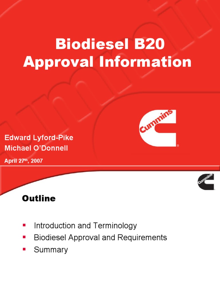 B20 Biodiesel Use in Cummins Engines | PDF | Biodiesel | Diesel Fuel