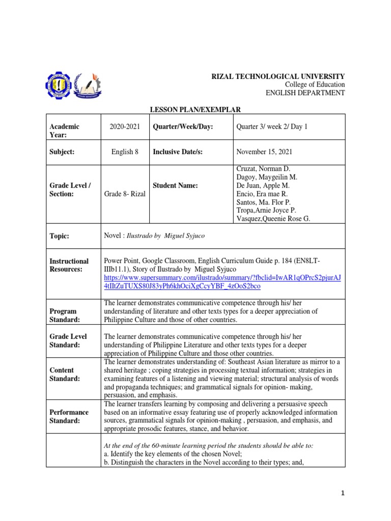 English Department Lesson Plan/Exemplar Academic Year: Quarter/Week/Day ...