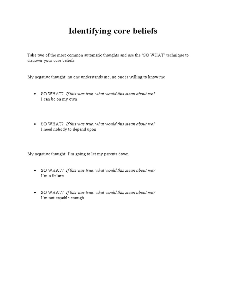 Identifying Core Beliefs | PDF | Neuropsychological Assessment ...