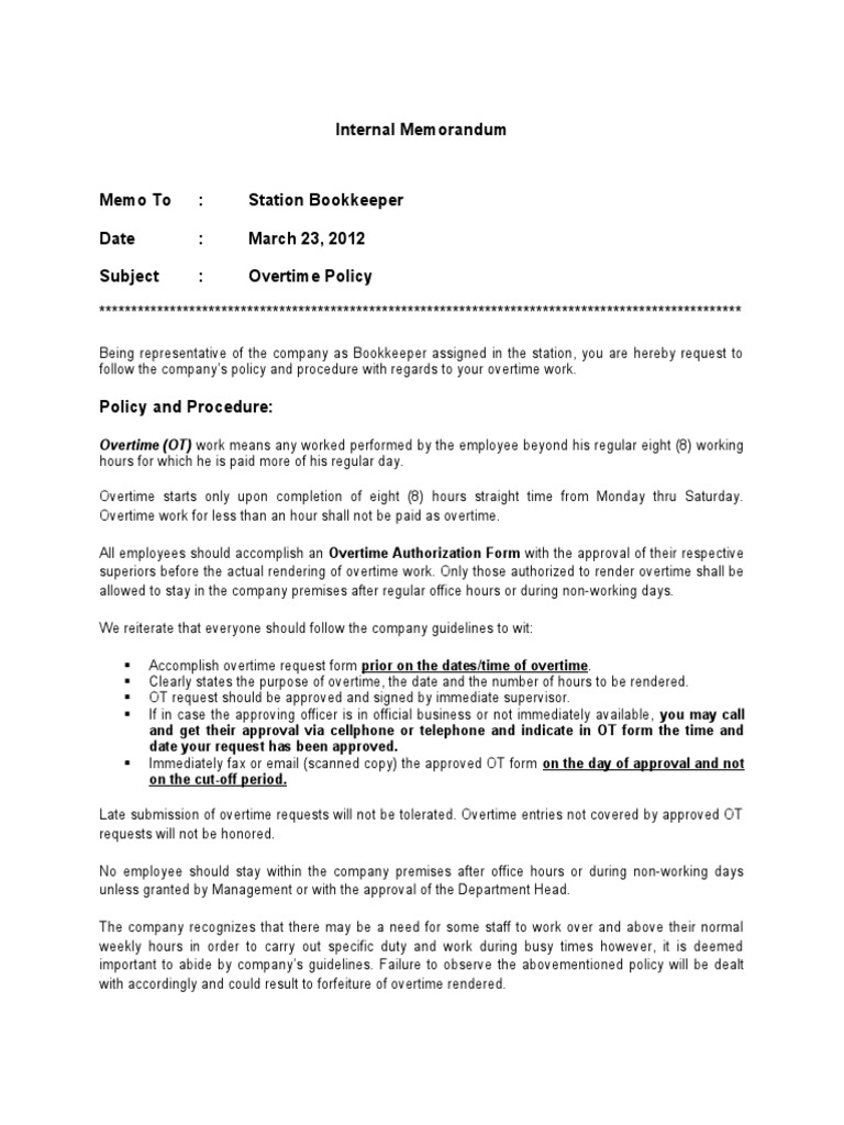Internal Memorandum Overtime Ot Work Means Any Worked Performed By