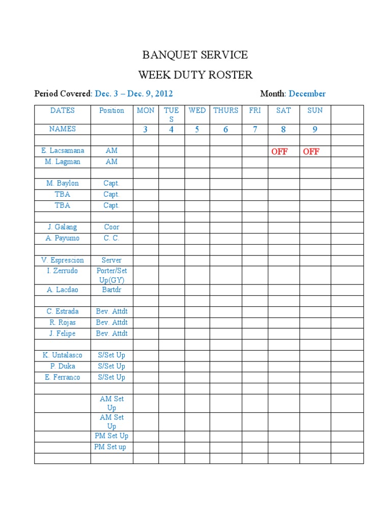 Weekly Duty Roster - Banquet | PDF | Science & Mathematics