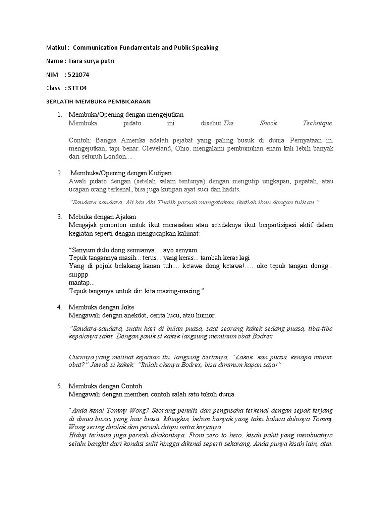 Tugas Membuat Contoh Opening Public Speaking - Tiara Surya Putri | PDF ...