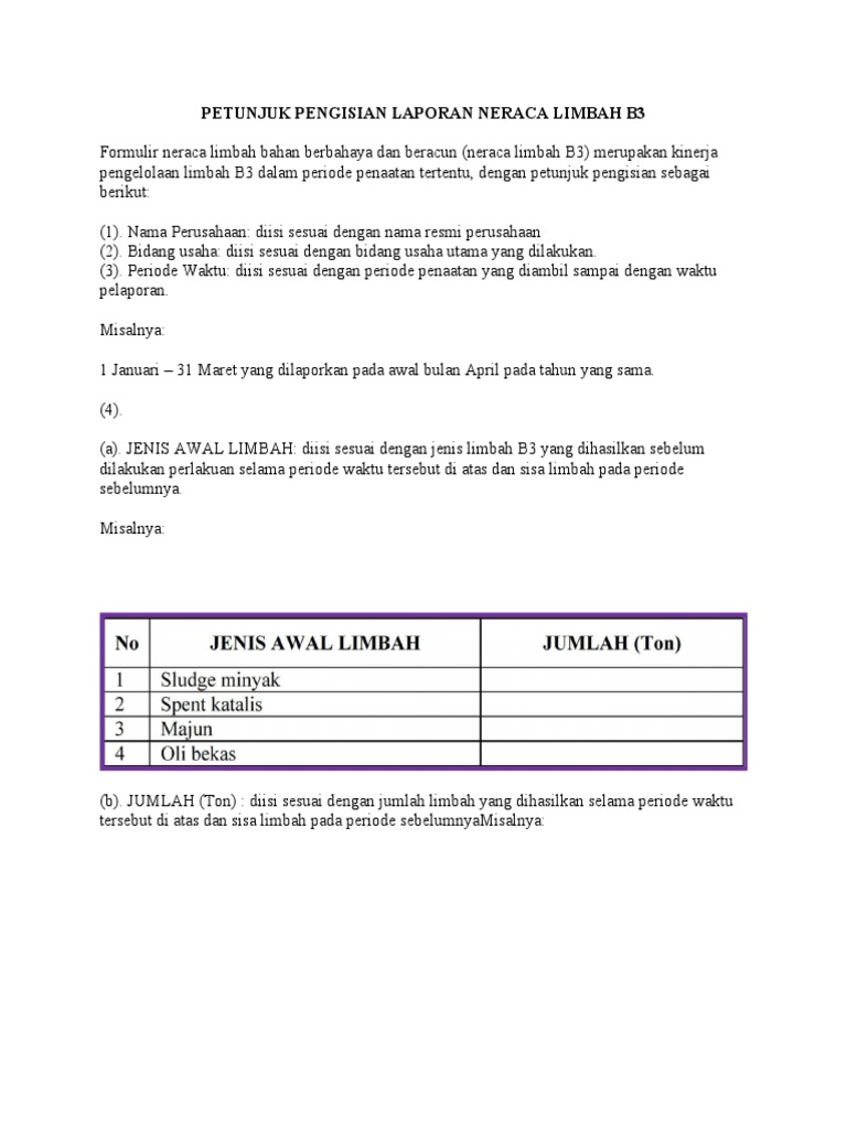 Petunjuk Pengisian Laporan Neraca Limbah B3 | PDF
