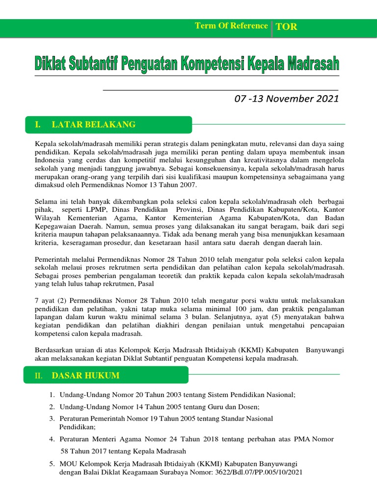 Tor Diklat Penguatan Kepala Madrasah 2021 | PDF