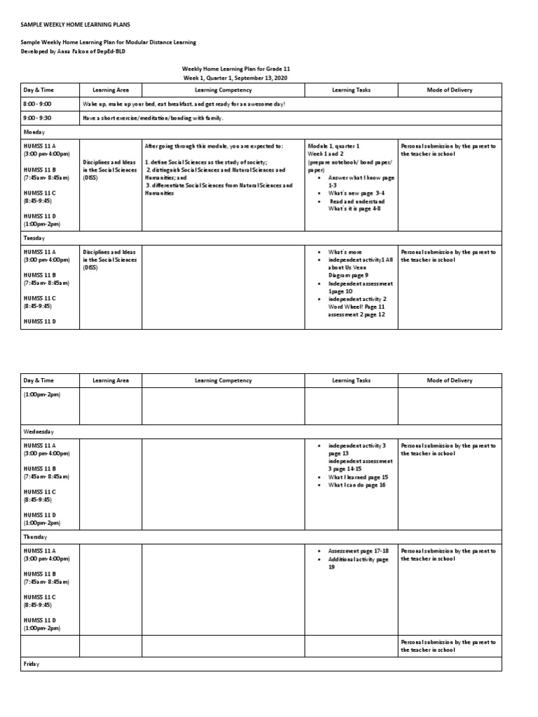 Sample Weekly Home Learning PlansL3A1 | PDF | Learning | Teachers