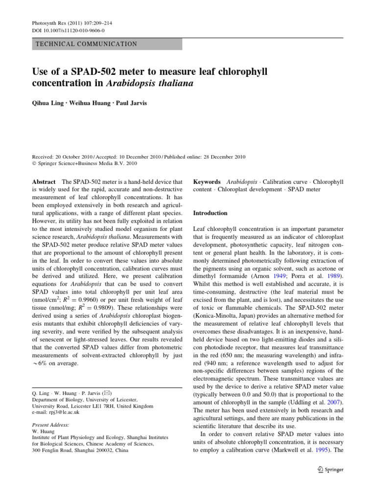 Use of A SPAD-502 Meter To Measure Leaf Chlorophyll Concentration in ...