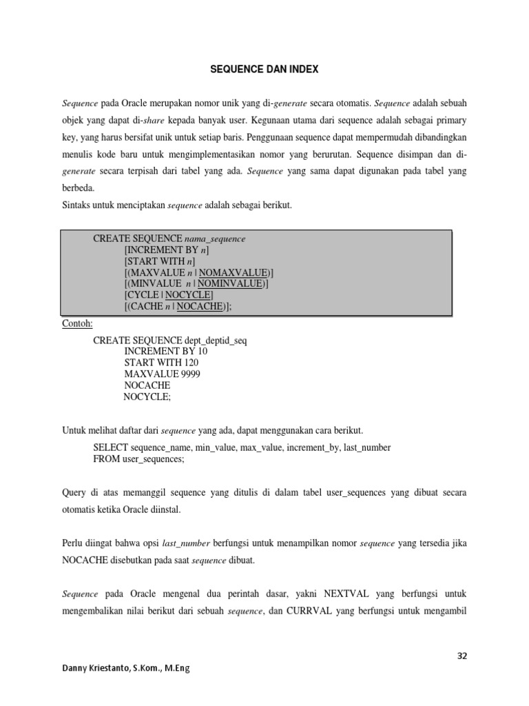 Adoc - Pub - Sequence Dan Index Contoh Create Sequence Deptdept | PDF