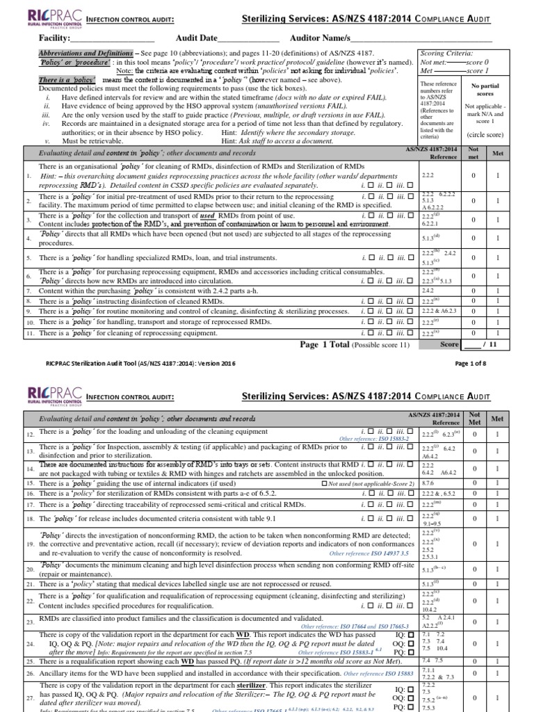 AS/NZS 4187:2014 Compliance Audit | PDF | Sterilization (Microbiology ...