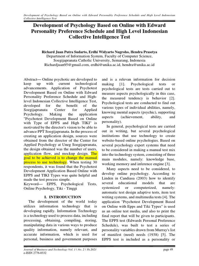 Development of Psychology Based On Online With Edward Personality ...