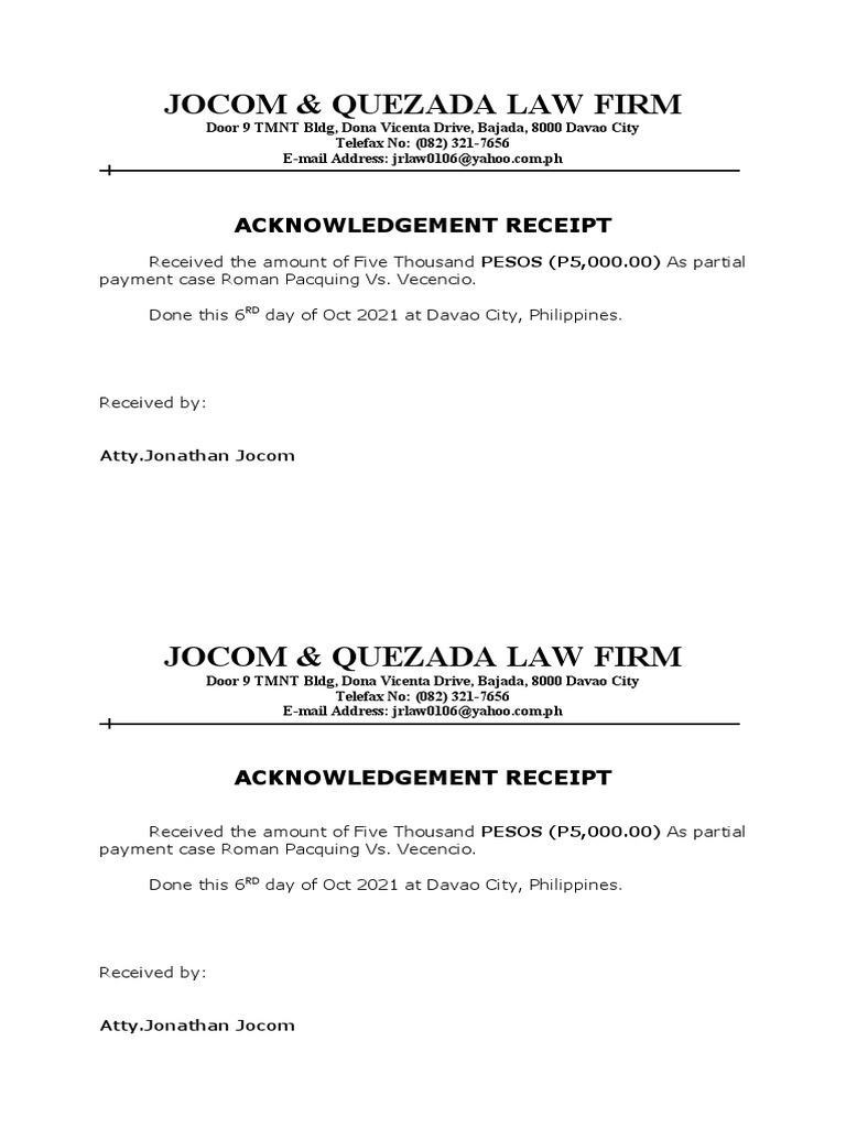 Jocom & Quezada Law Firm: Acknowledgement Receipt | PDF
