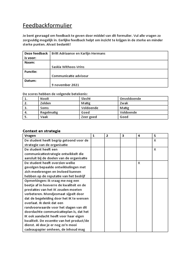 Kopie Van Feedbackformulier Ik | PDF