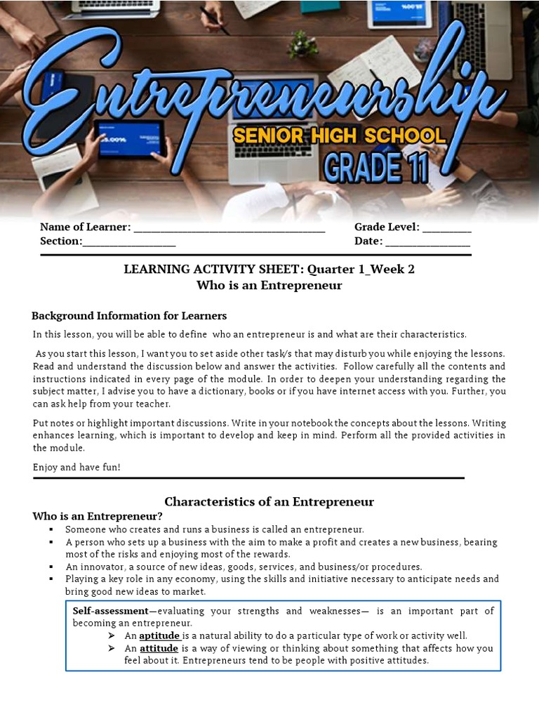 Learning Activity Sheet: Quarter 1 - Week 2 Who Is An Entrepreneur ...