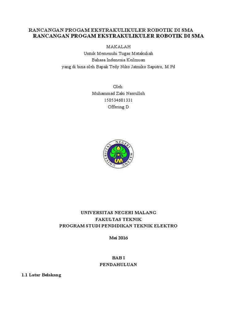 Rancangan Progam Ekstrakulikuler Robotik Di Sma | PDF