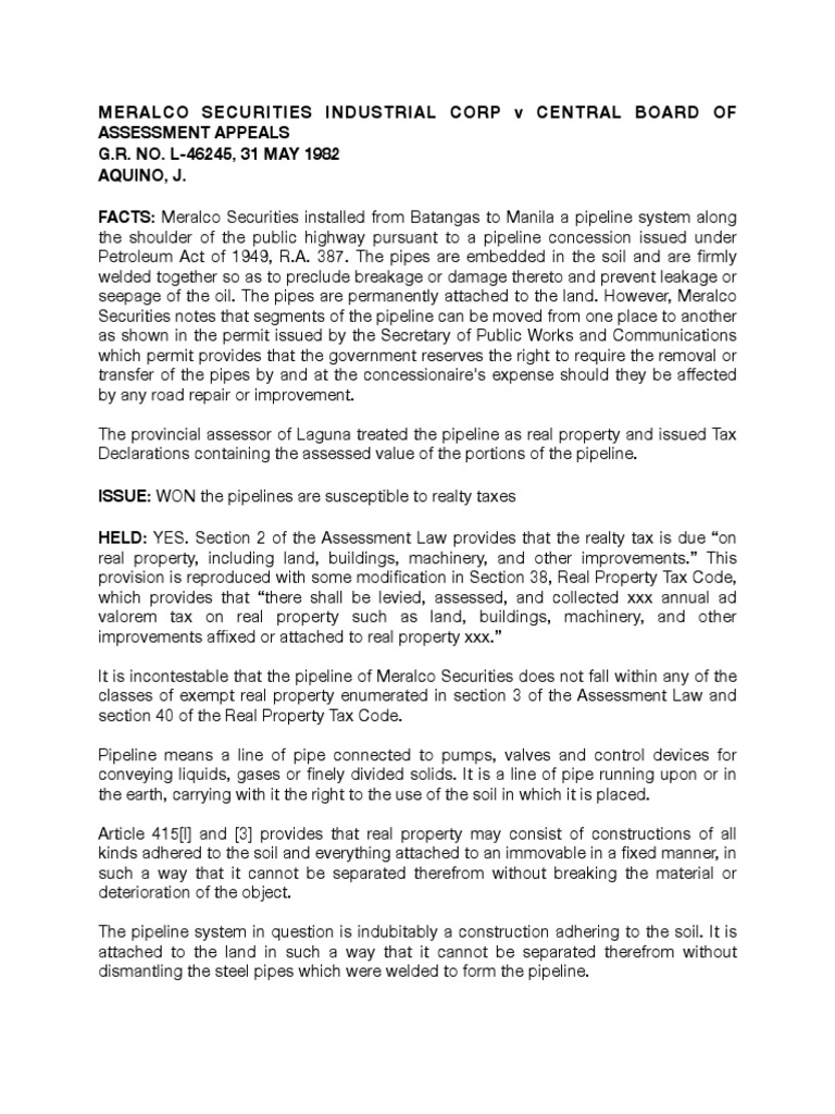 Meralco Securities V Central Board of Assessment Appeals | PDF | Pipe (Fluid Conveyance ...