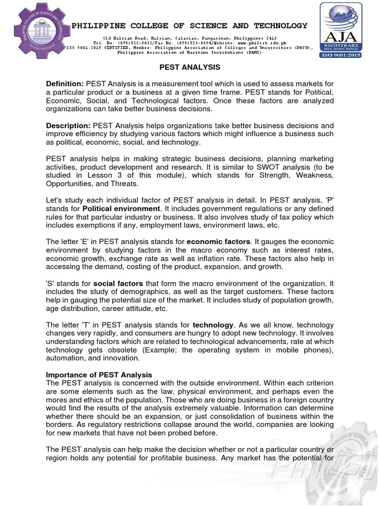Philippine College of Science and Technology PEST Analysis | PDF ...