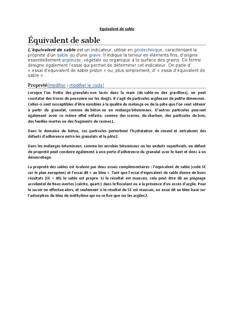 Essai d'Équivalent de Sable en Géotechnique | PDF | Matériaux | Chimie