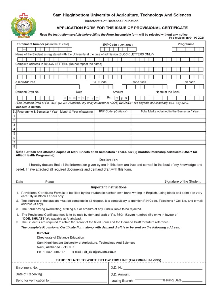 Provisional Certificate Application Form | PDF