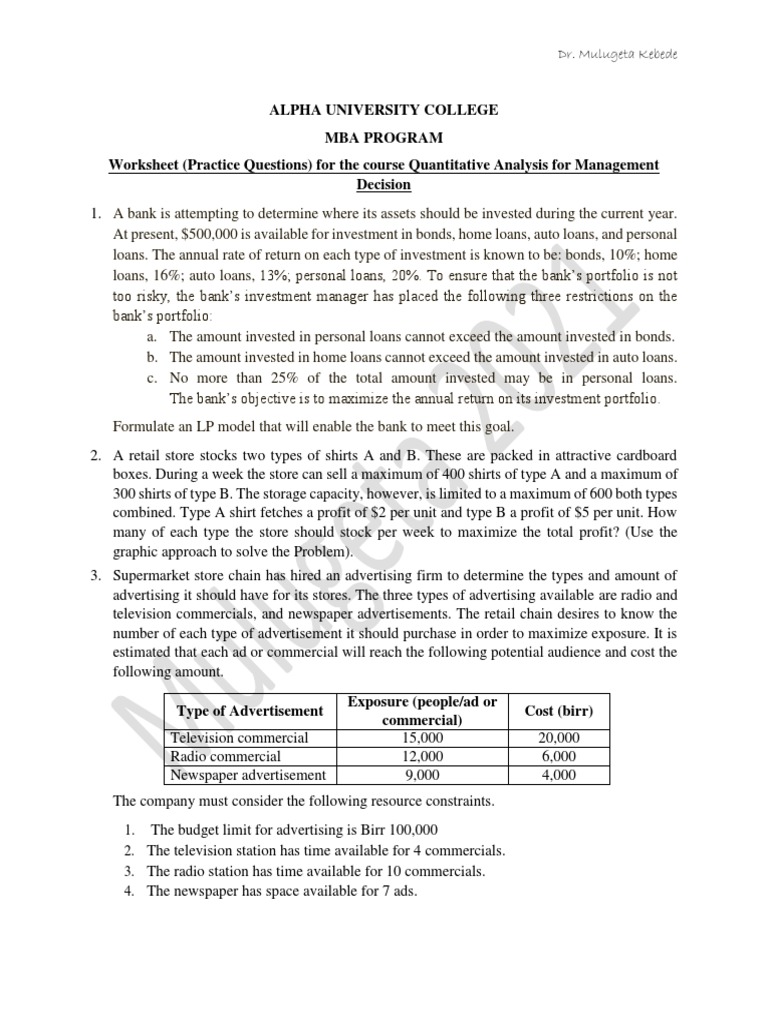 Alpha University College Mba Program Worksheet (Practice Questions) For The Course Quantitative ...