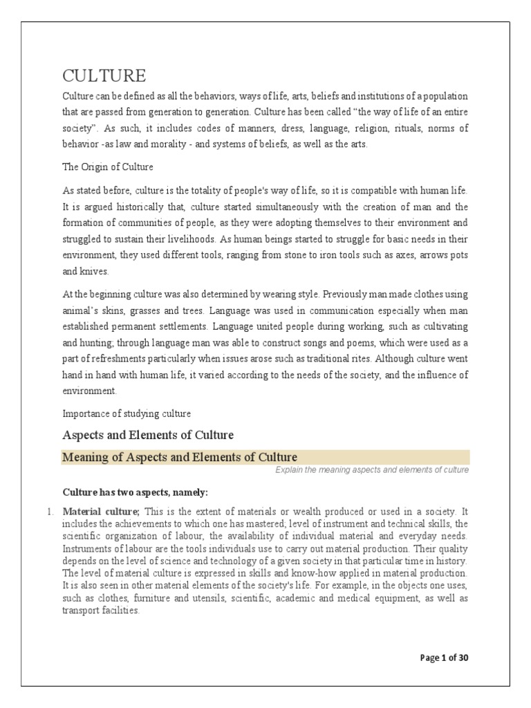 Culture: Aspects and Elements of Culture Meaning of Aspects and ...