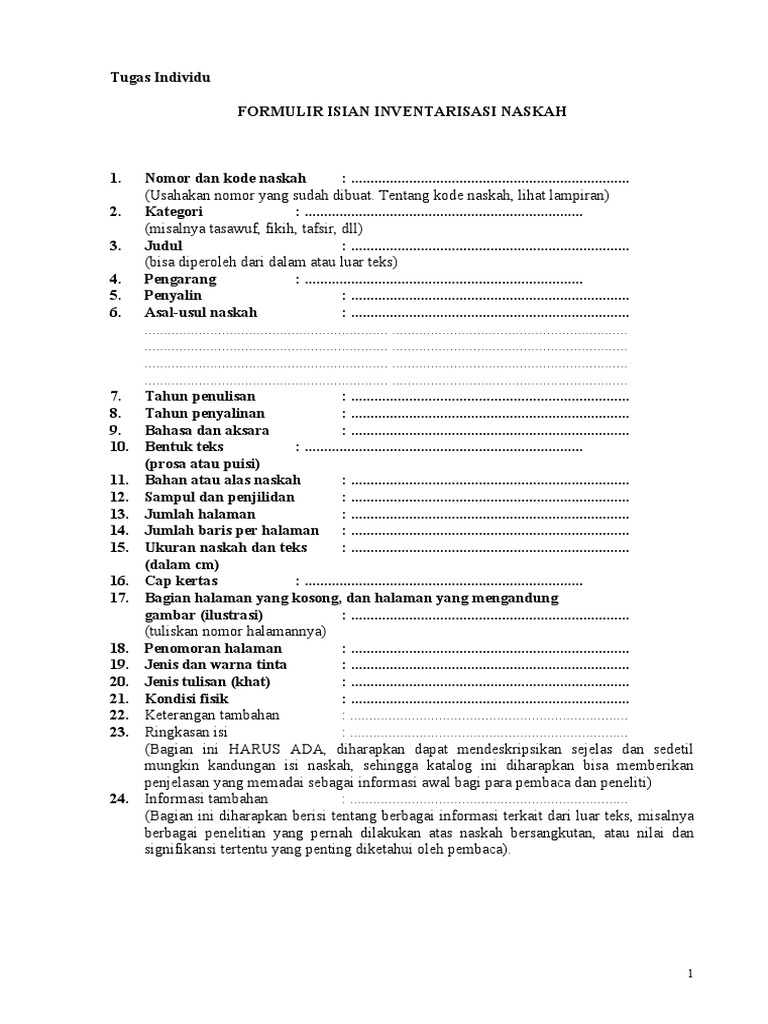 Form Isian Inventarisasi Naskah | PDF
