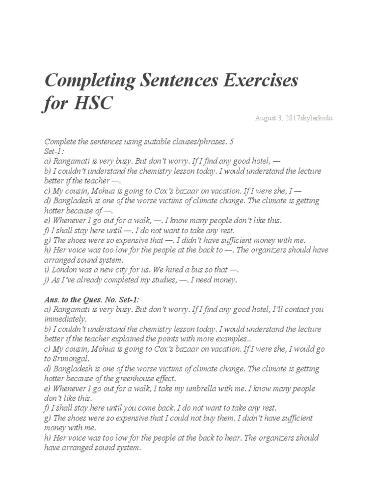 4 Completing Sentences Exercises For HSC | PDF | Sentence (Linguistics ...