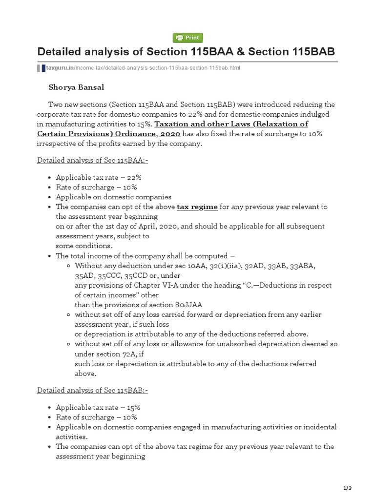 Detailed Analysis of Section 115BAA & Section 115BAB | PDF | Tax ...